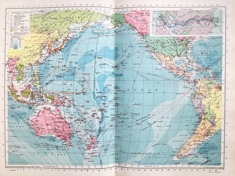 1945 Vintage Wartime Map : Pacific Ocean Communications - Etsy