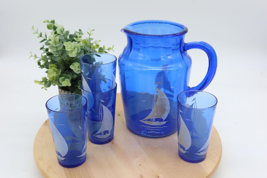 Vintage Cobalt Blue Sailboat/white Ships Water Pitcher 4 Glasses - Etsy