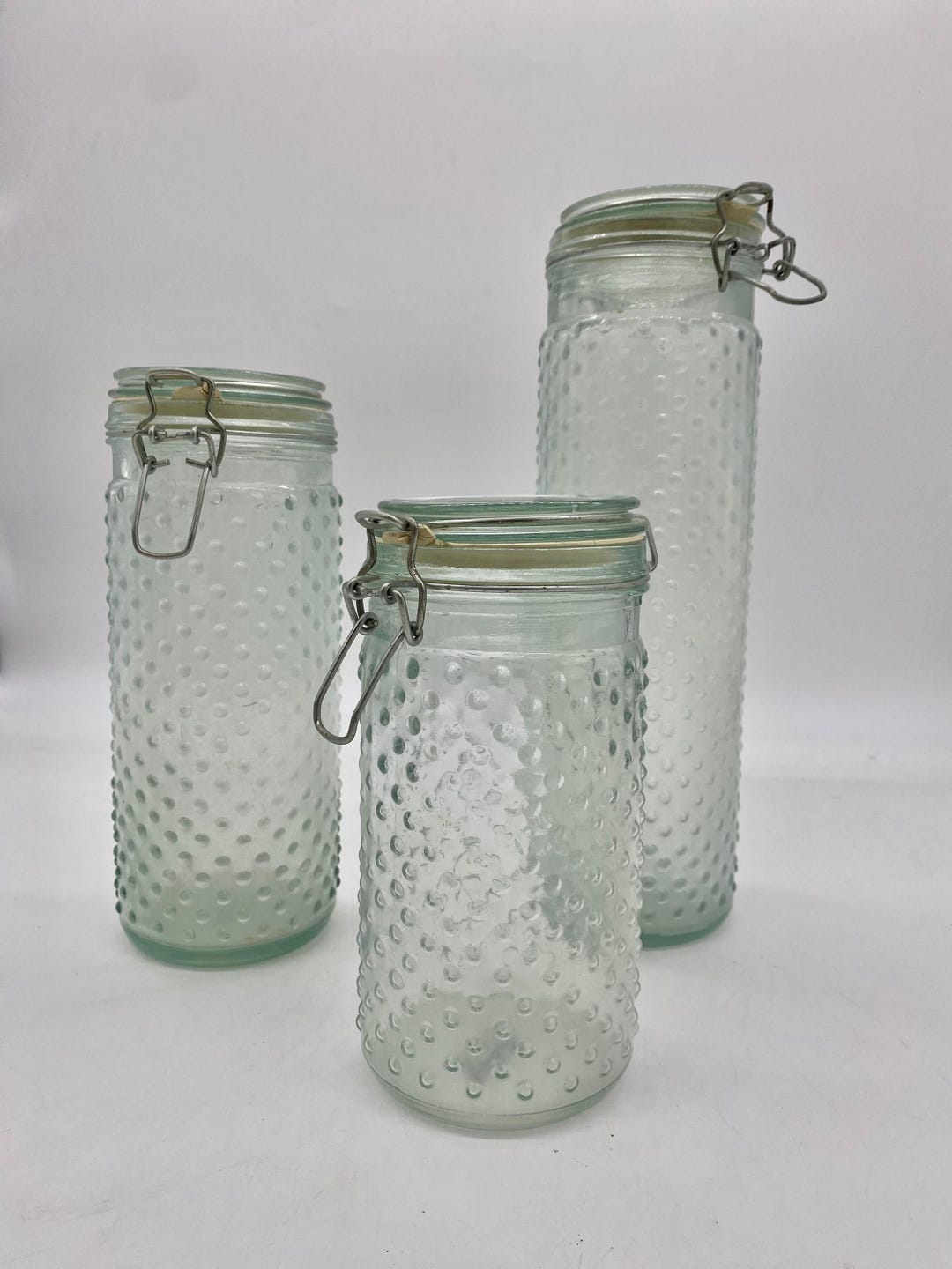 Vintage Hobnail Glass Cannister Set, Green Tint, Wire Bale, Set of 3 13 ...