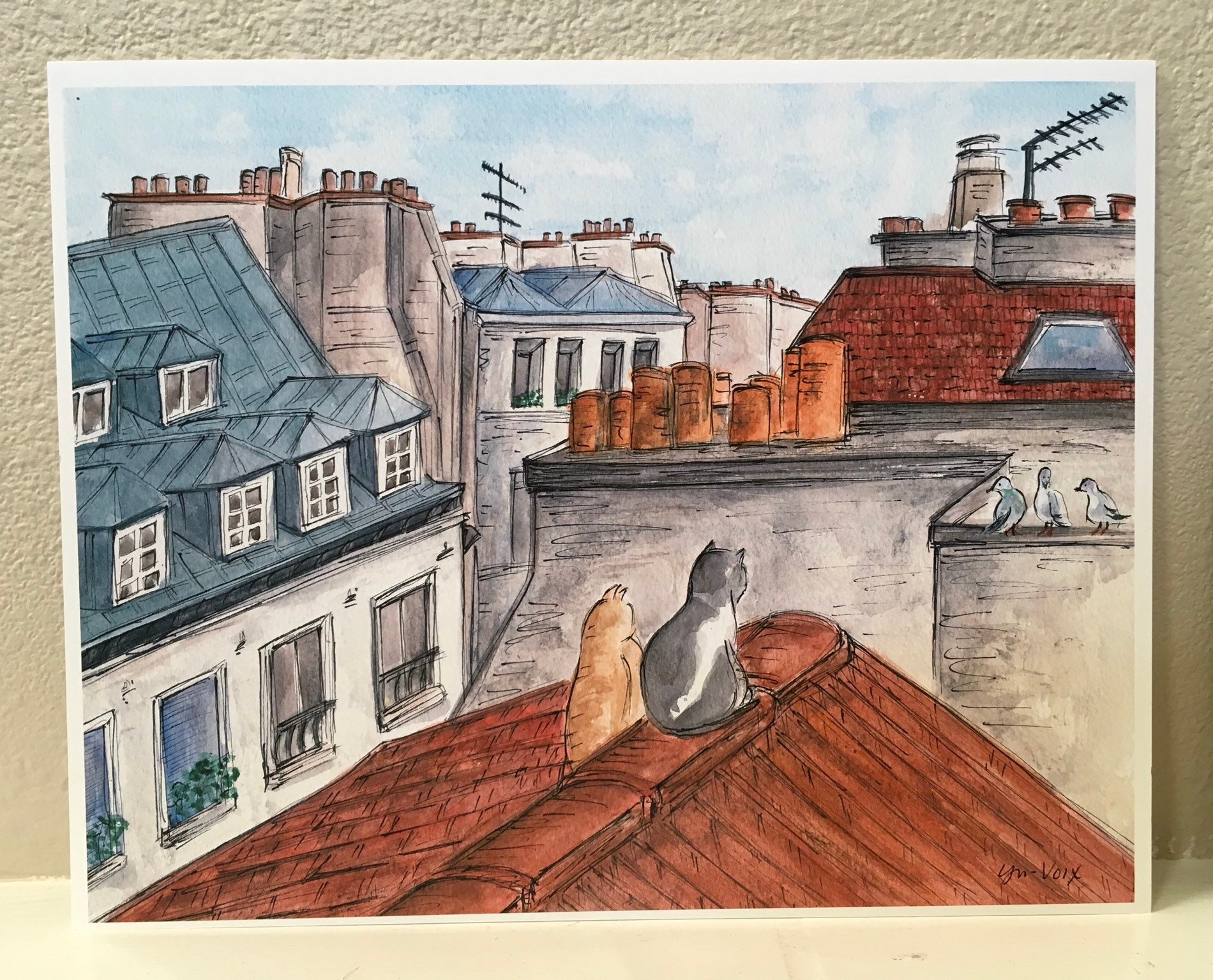Cat Art; Paris Art; French Art Print; Rooftop; Whimsical Art Print ...