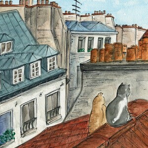 Cat Art; Paris Art; French Art Print; Rooftop; Whimsical Art Print ...