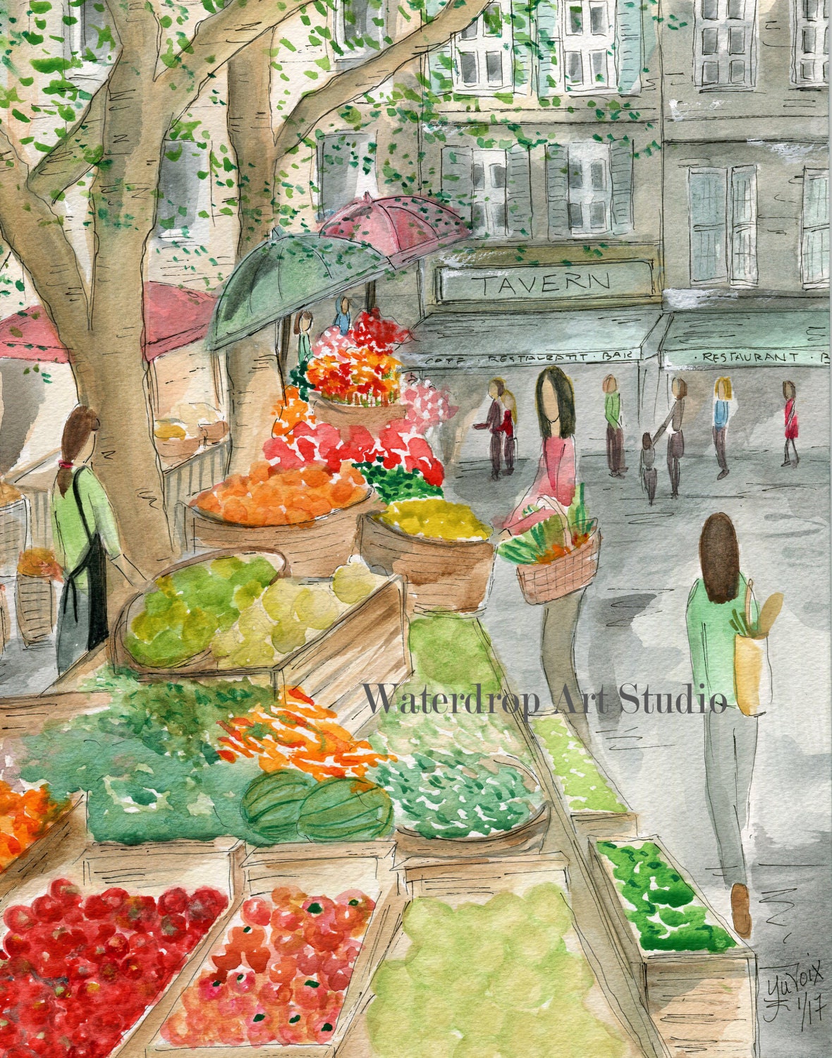 French Kitchen Art; Farmers Market Print; Whimsical Art Print; Kitchen ...
