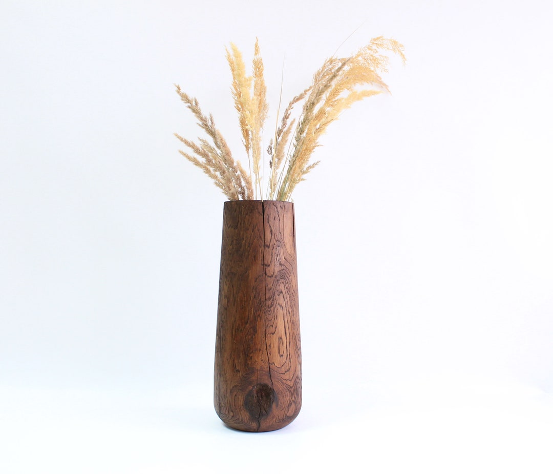 Tall Floor Wood Vase, 15 Inch Tall Carved Wood Vase, Rustic Walnut Vase ...