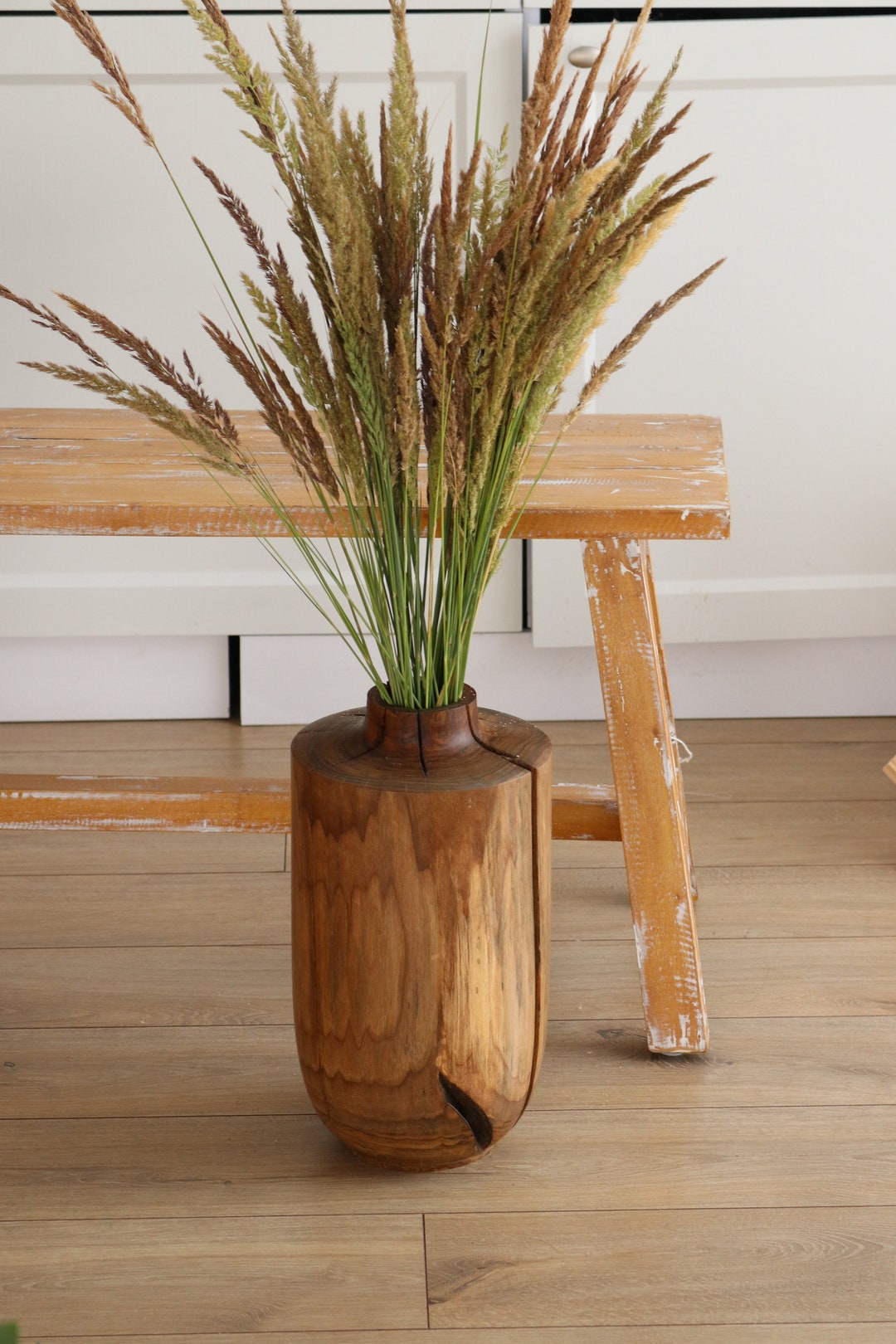 Tall Floor Wood Vase, Rustic Walnut Vase for Dried Flower, Wooden ...