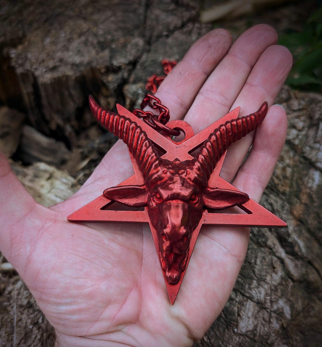 Goat Head Pentagram Necklace Blood Red , Huge Baphomet Inverted ...