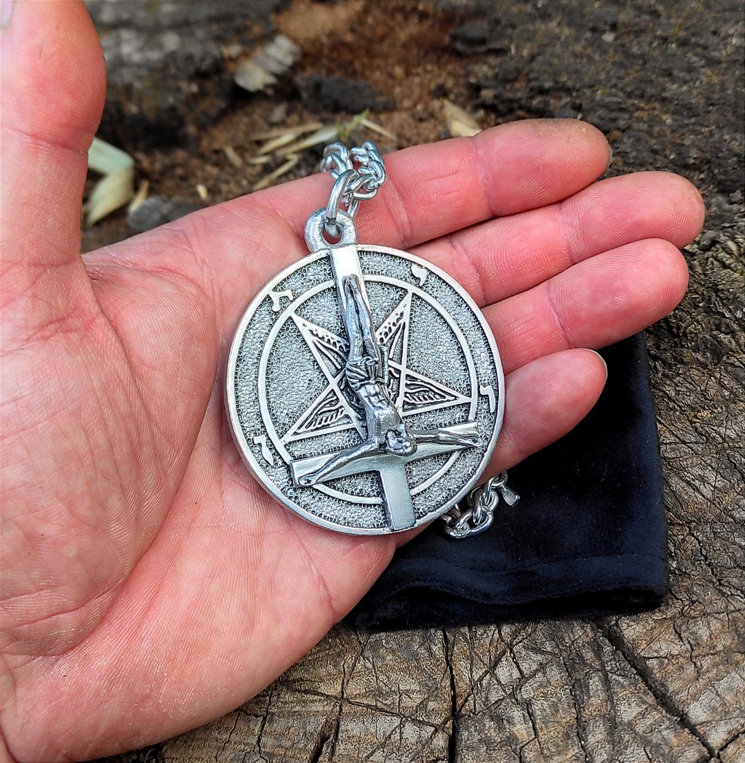 Inverted Cross and Satanic Pentagram Necklace , Big Black Metal Jewelry ...