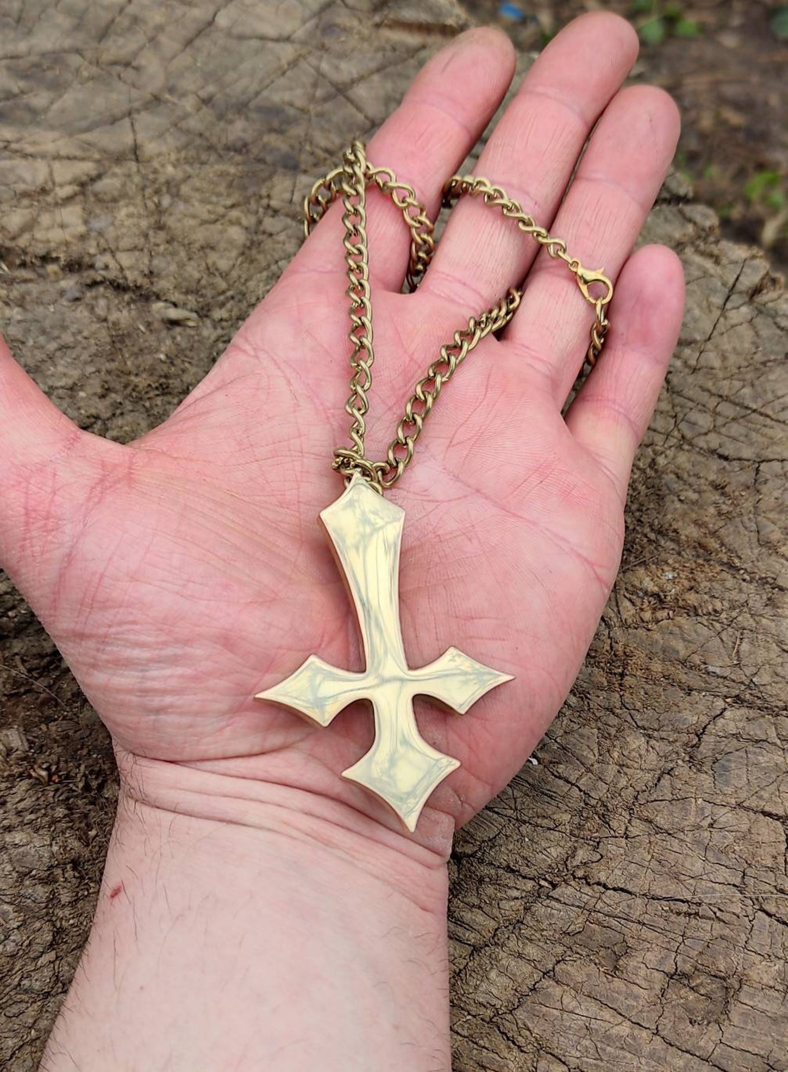 Bronze gold inverted cross Antichrist necklace with curb chain | Etsy