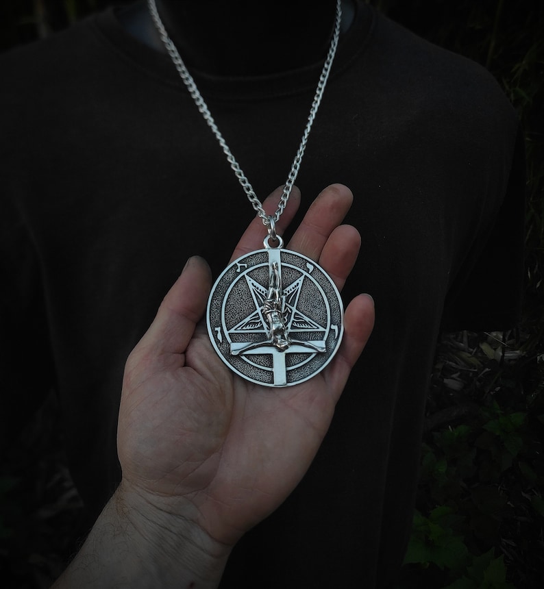 Inverted Cross and Satanic Pentagram Necklace , Big Black Metal Jewelry ...