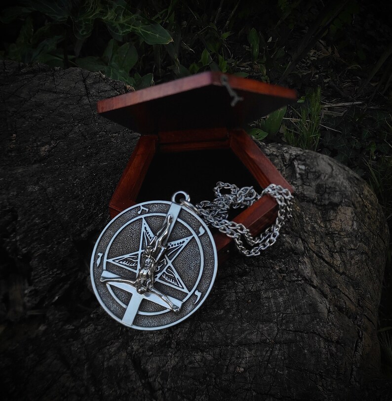 Inverted Cross and Satanic Pentagram Necklace , Big Black Metal Jewelry ...
