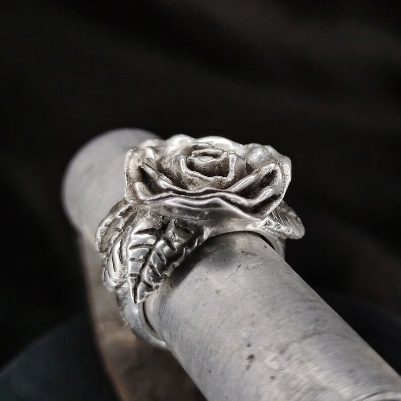 Silver Blooming Rose Ring Sculpture , Blossoming Shiny Flower Jewelry ...