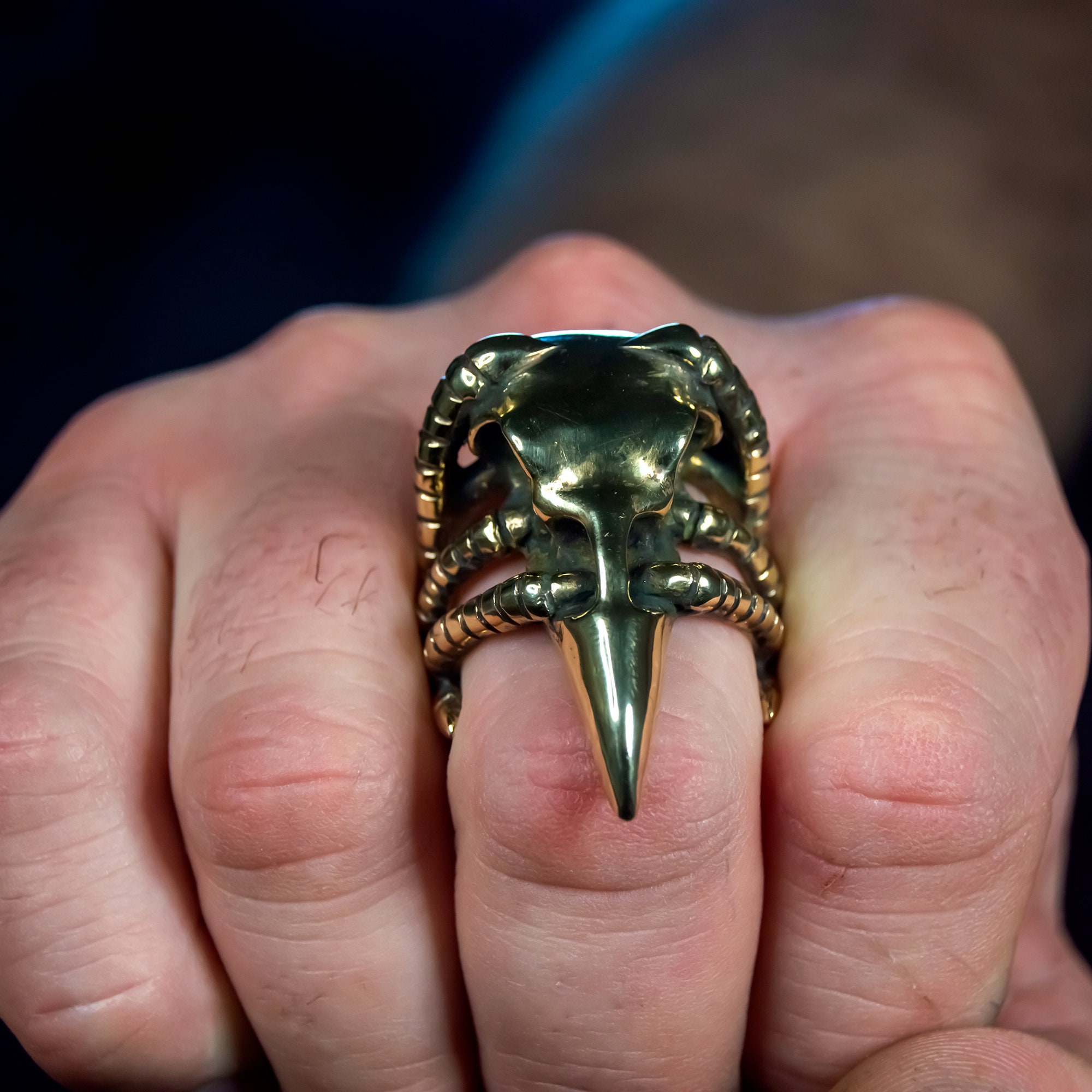 Bronze Golden Raven Skull Ring , Gothic Bird Talons Jewelry , Metal ...