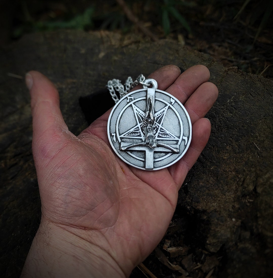 Inverted Cross and Satanic Pentagram Necklace , Big Black Metal Jewelry ...