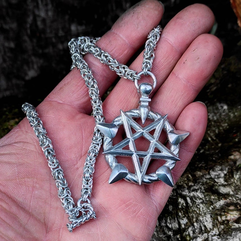 Silver Satanic Pentagram Medallion With Byzantine Chain - Etsy