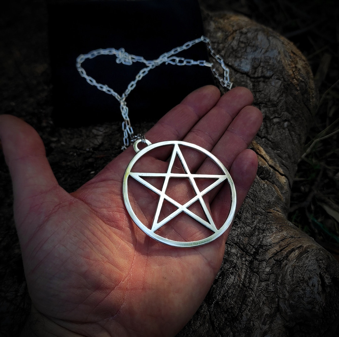 Large Real Silver Satanic Pentagram Necklace , Big Inverted Pentacle ...