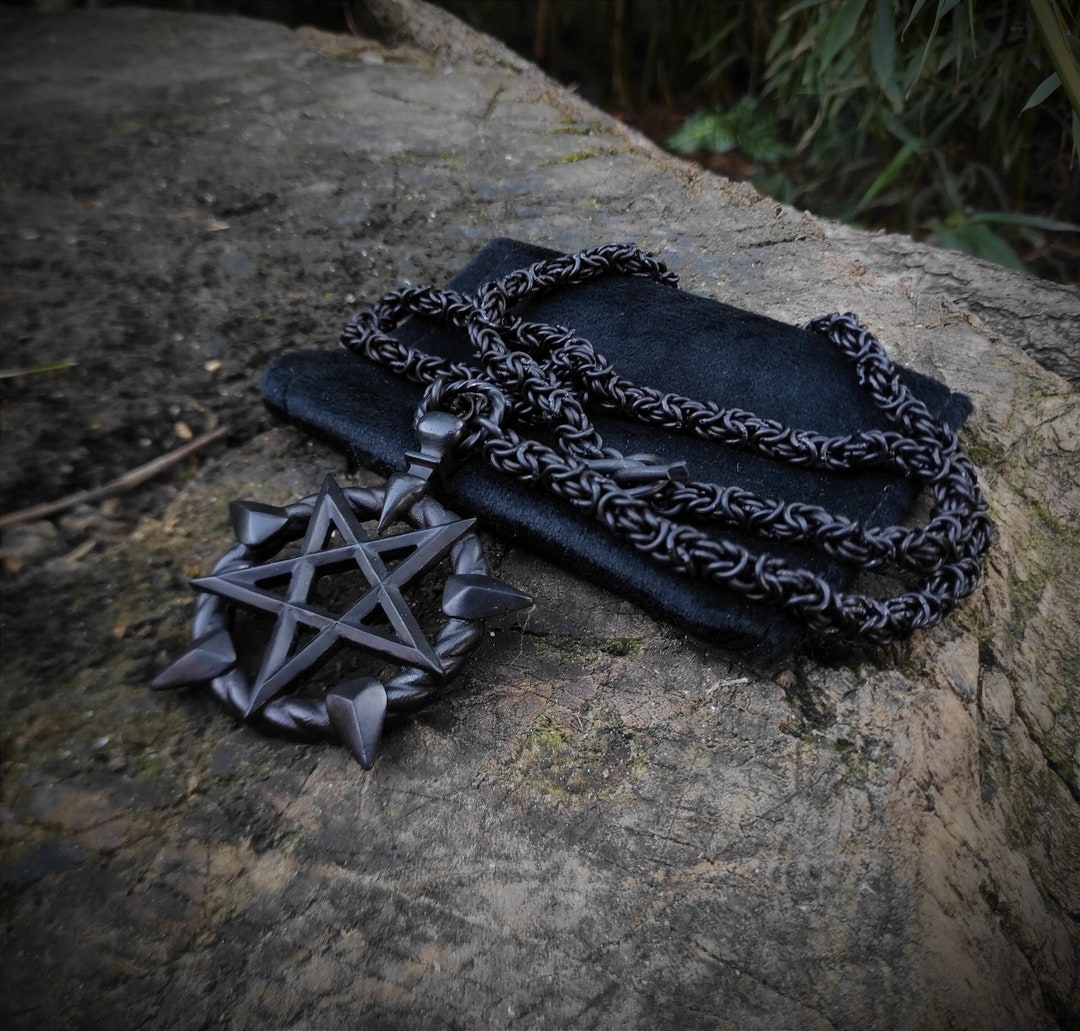 Satanic Shadow Pentagram Byzantine Chain Black Necklace , Demonic ...