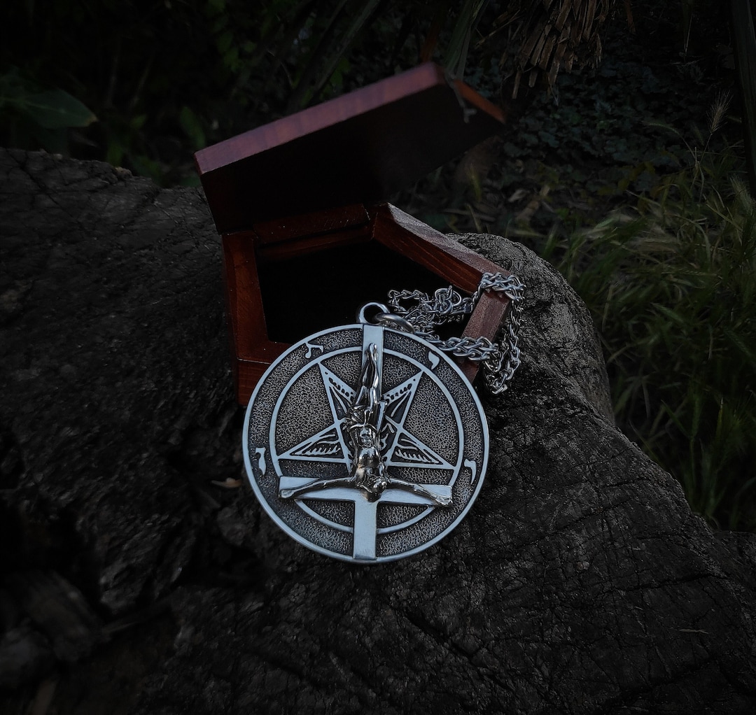 Inverted Cross and Satanic Pentagram Necklace , Big Black Metal Jewelry ...