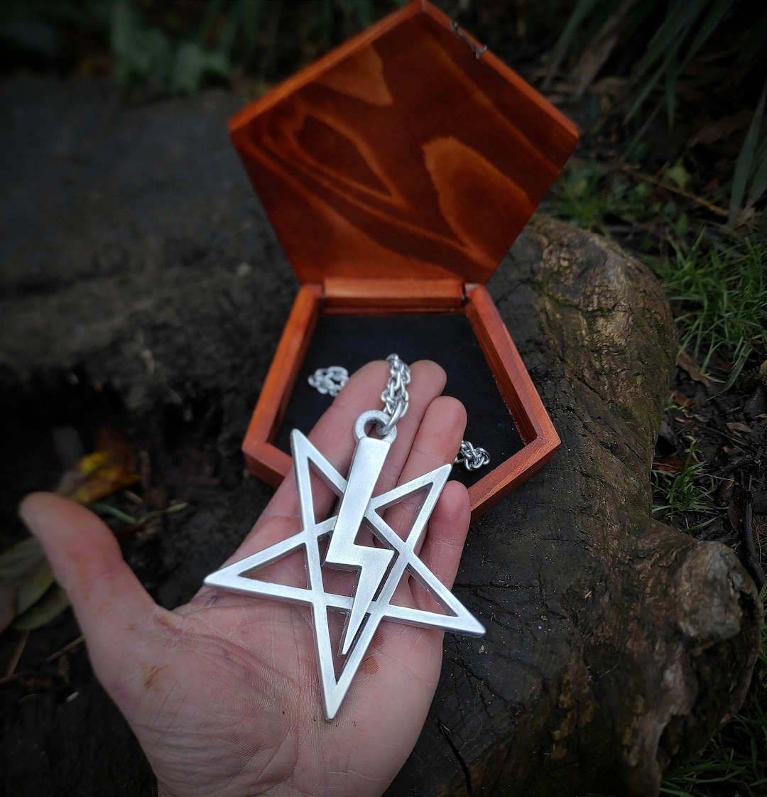 Big Lightning Bolt Inverted Pentagram Necklace, Satanic Symbol Upside ...