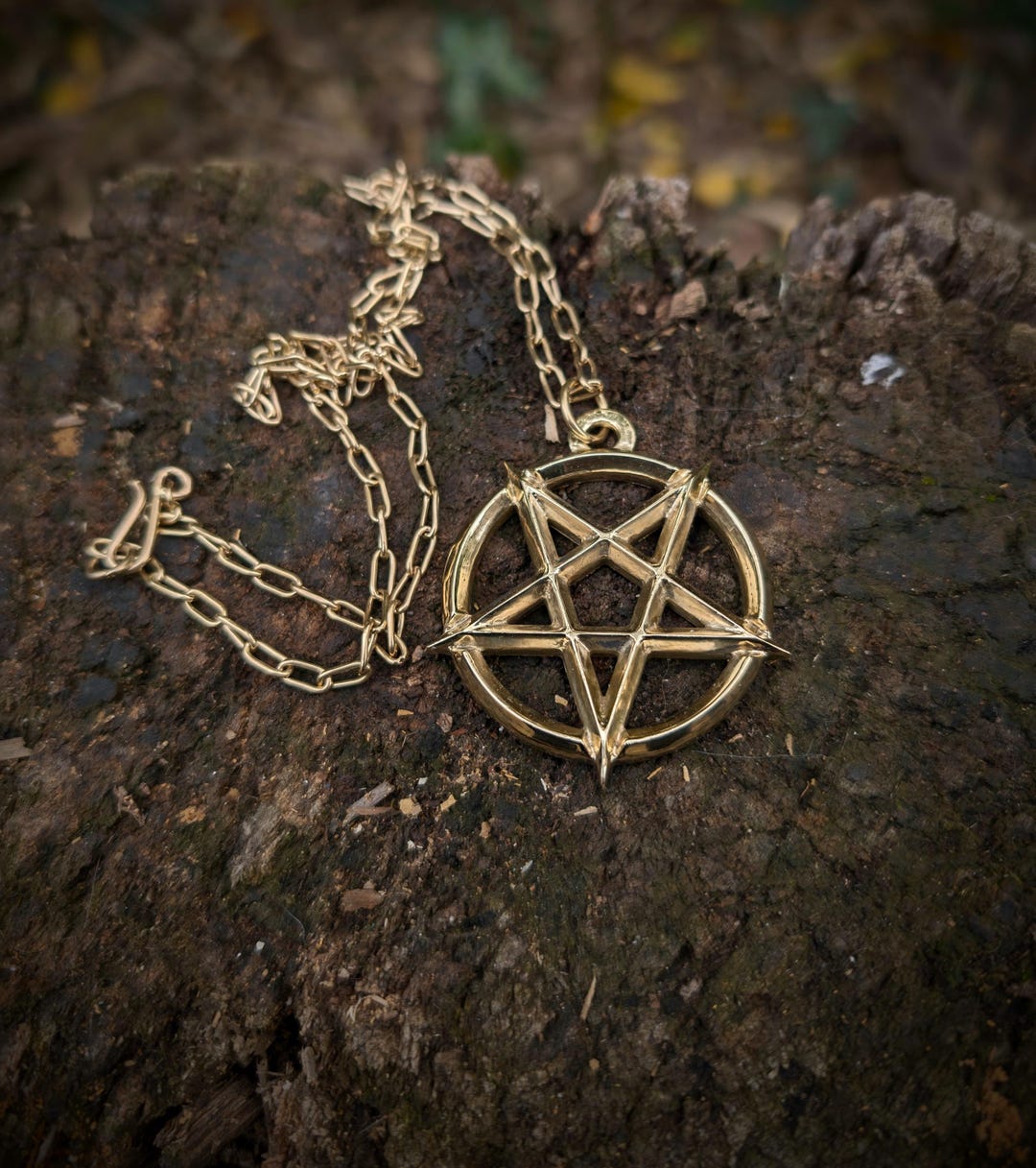 Inverted Pentagram Gold Necklace , Golden Black Metal Jewelry , Left ...