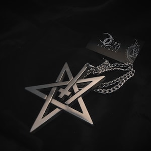 Big Pentagram and Inverted Cross Black Metal Necklace , Giant Satanic ...