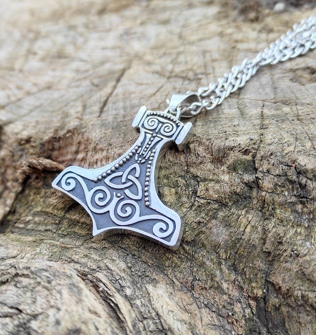 Silver Hammer of Thor Necklace Charm , Norse Mythology Intricate Amulet ...