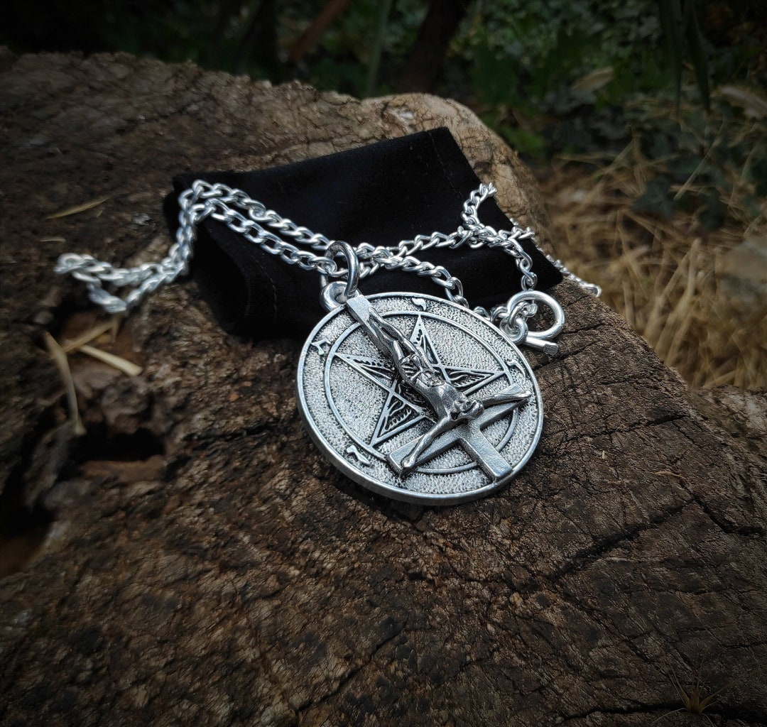 Inverted Cross and Satanic Pentagram Necklace , Big Black Metal Jewelry ...