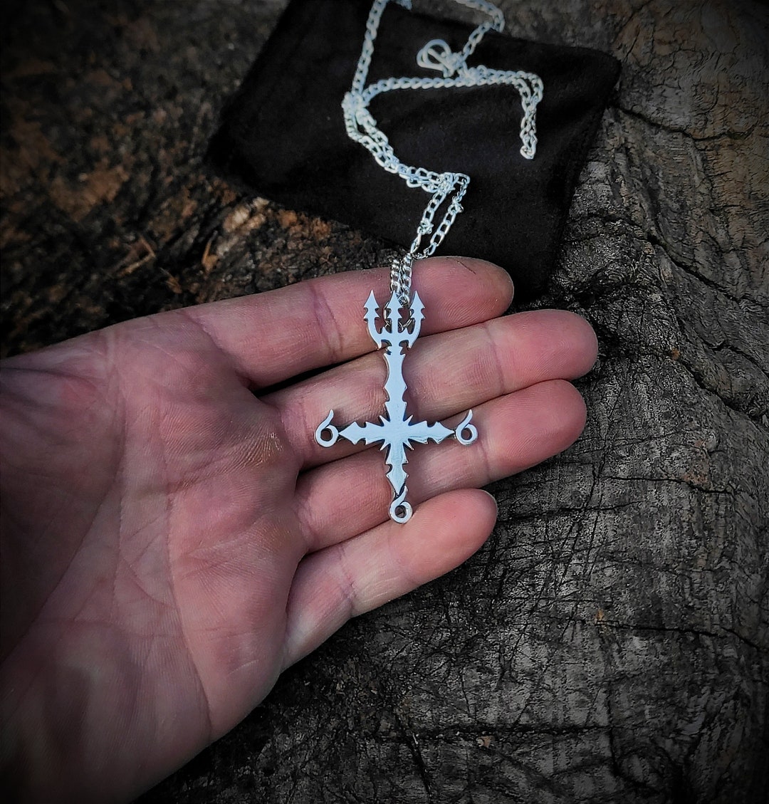 Upside Down Inverted Cross Necklace With Trident , Curb Cuban Style ...