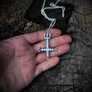 Upside Down Inverted Cross Necklace With Trident , Cable Style Chain ...