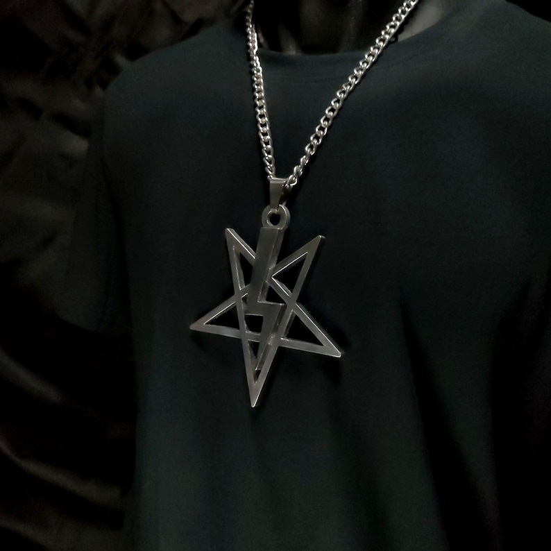 Big Lightning Bolt Inverted Pentagram Necklace Satanic Symbol - Etsy