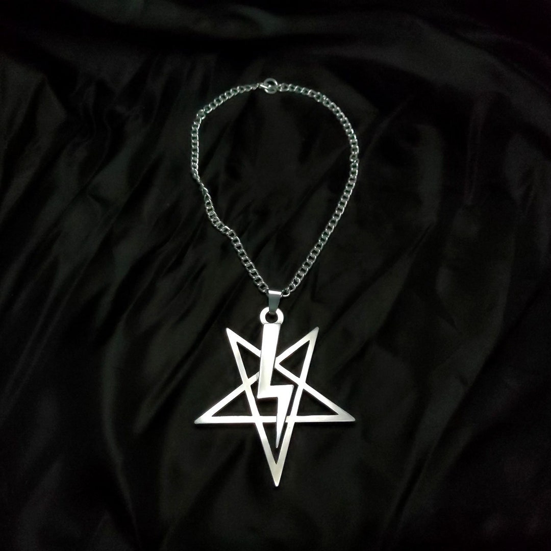 Big Lightning Bolt Inverted Pentagram Necklace Satanic Symbol - Etsy