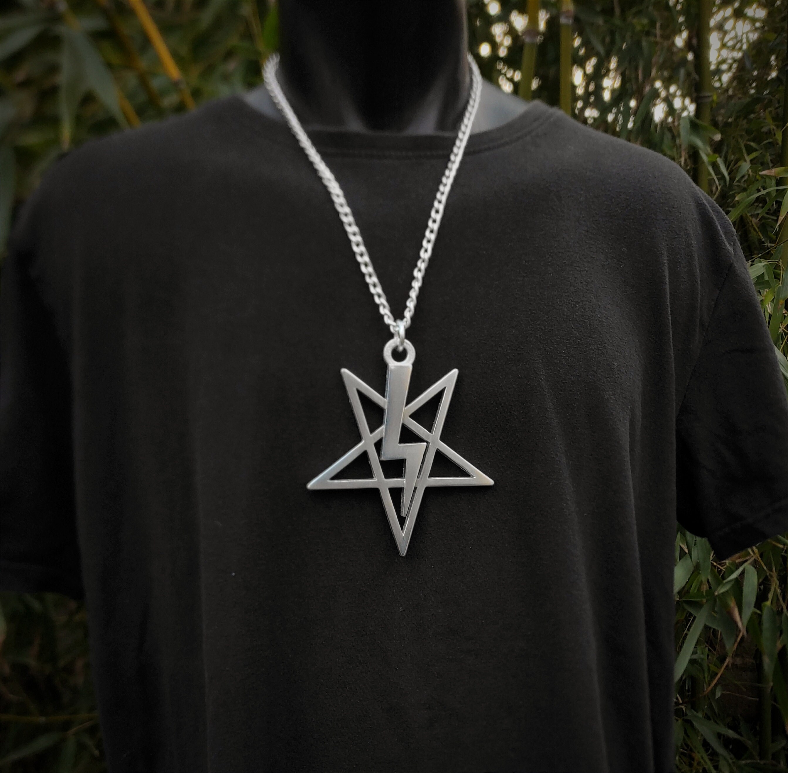 Big Lightning Bolt Inverted Pentagram Necklace, Satanic Symbol Upside ...