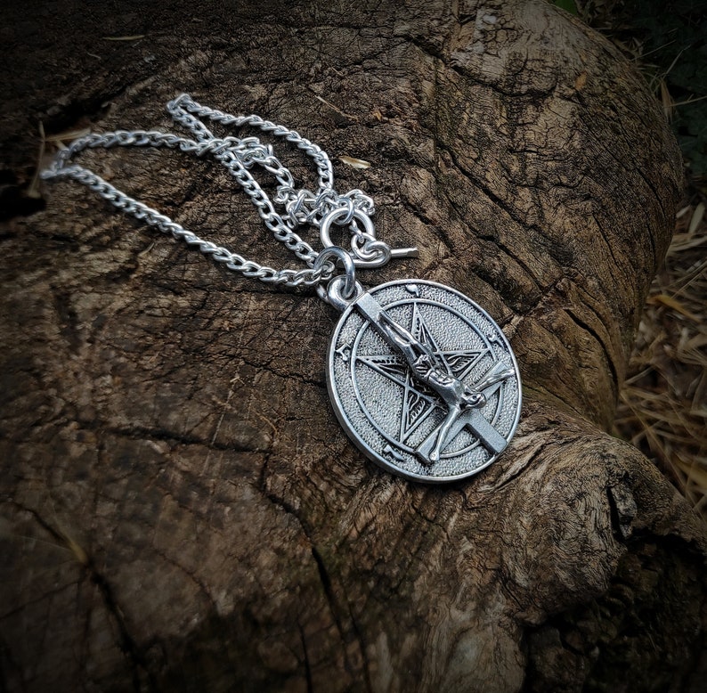 Inverted Cross and Satanic Pentagram Necklace , Big Black Metal Jewelry ...