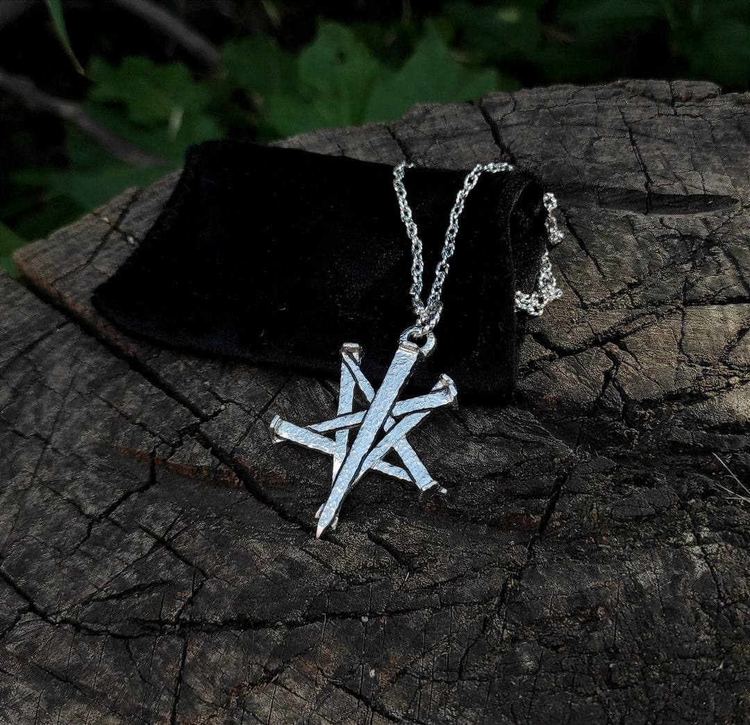 Silver Interlocking Hammered Nails Satanic Pentagram Necklace , Forged ...