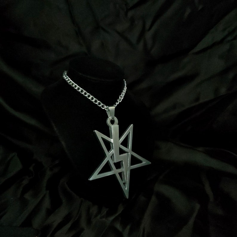 Big Lightning Bolt Inverted Pentagram Necklace Satanic Symbol - Etsy