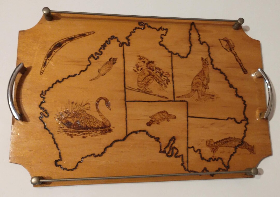 Unusual Vintage Wooden Tray W/handles, Sides, Carved Outline Australia ...