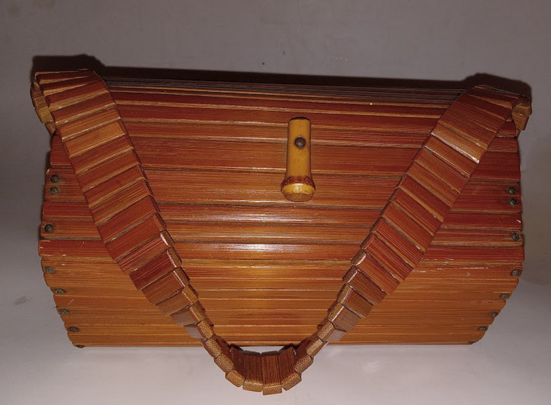 Vintage Bamboo Wooden Slat Handbag Purse With Bamboo Slat Handle NICE ...