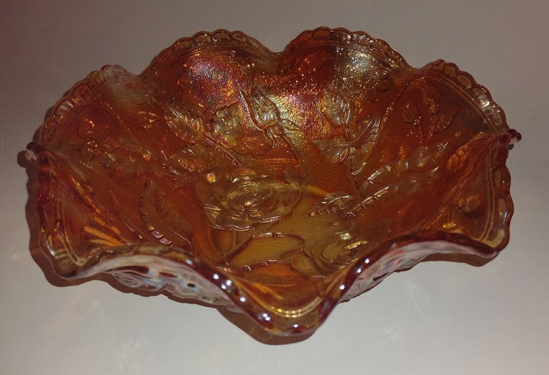 1920s Depression Orange Carnival Glass Bowl With Scalloped Edges and ...