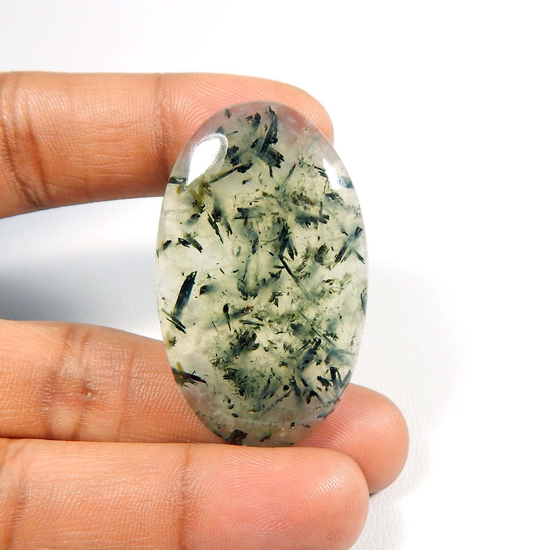 Green Prehnite. Gracious Natural Prehnite Cabochon. Black Rutile ...
