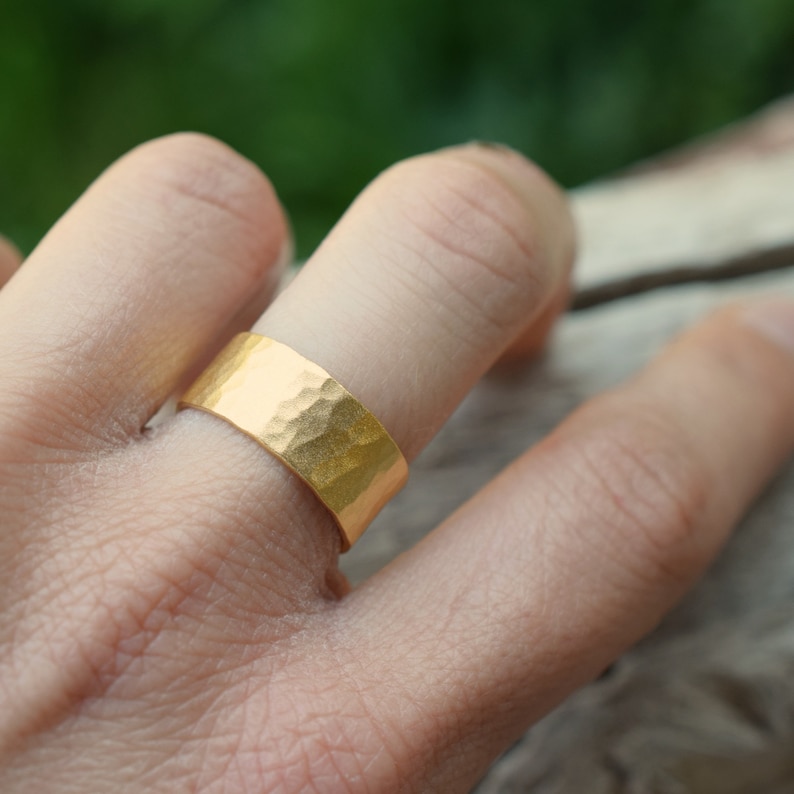 Wide 8mm Gold Band Hammered Sterling Silver Ring 24K Gold - Etsy