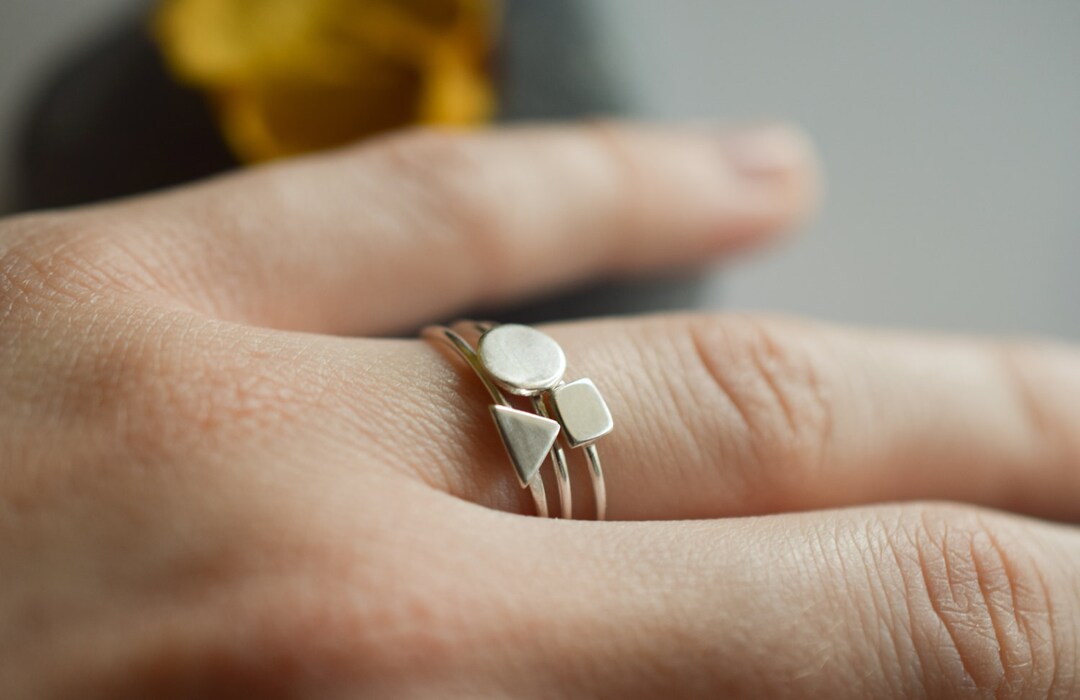 Set of 3 Geometric Sterling Silver Stacking Rings , 1 Mm Silver ...