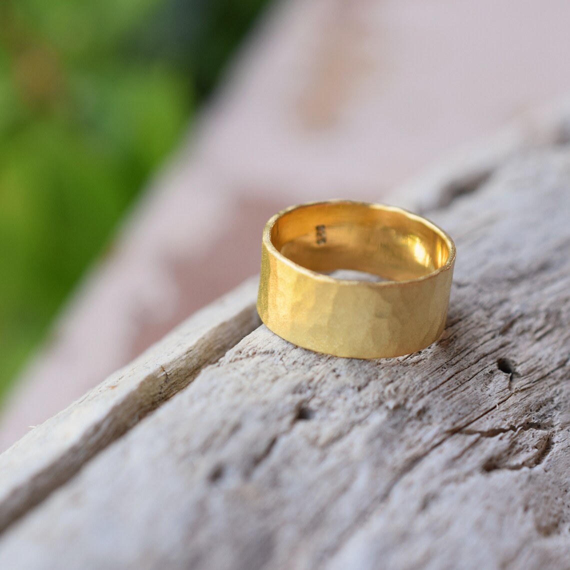 Wide 8mm Gold Band Hammered Sterling Silver Ring 24K Gold - Etsy