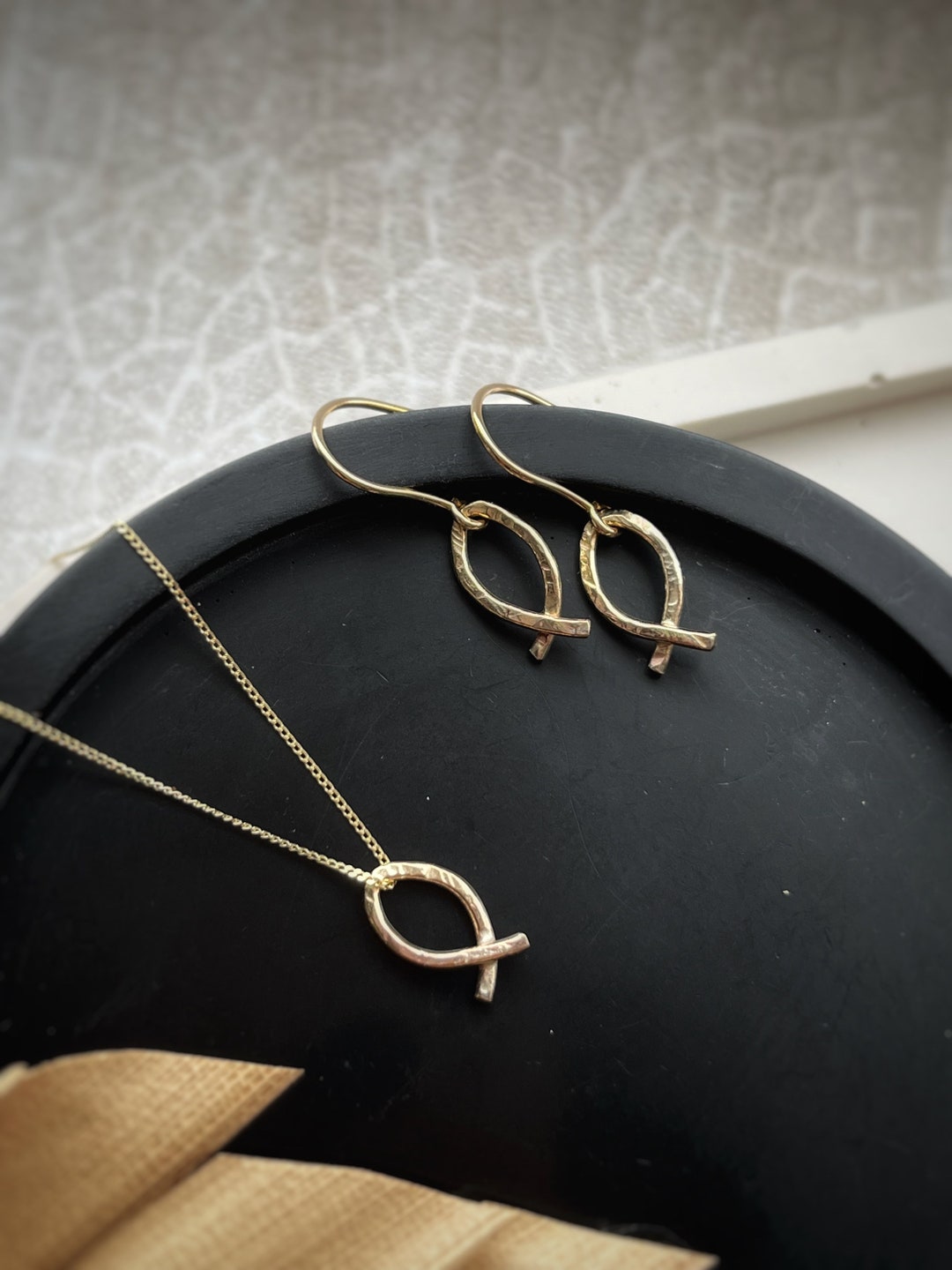 Solid gold fish pendant & earring set handmade hammered 9ct gold simple ...