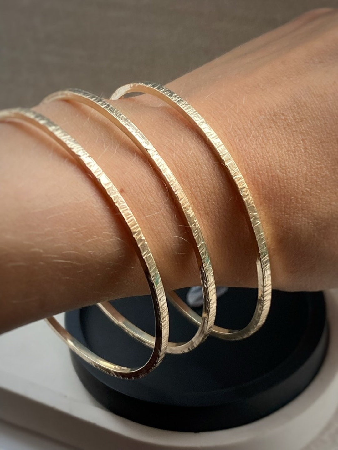 Solid 9ct Gold Bangles, Set of 3 Handmade Hammered Tree Bark Textured Stacking Bangle, Modern ...