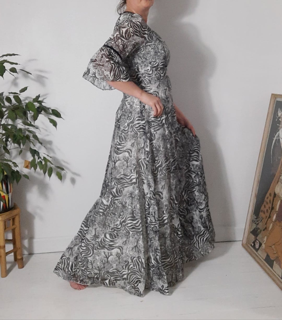 1970s Maxi Prairie Dress, Fluted Sleeves, Square Neckline, Monochrome ...