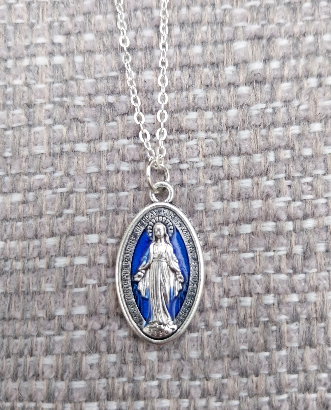 Miraculous Medal Silver Blue Enamel Miraculous Medal With 16 Inch Silver Chain Protection ...