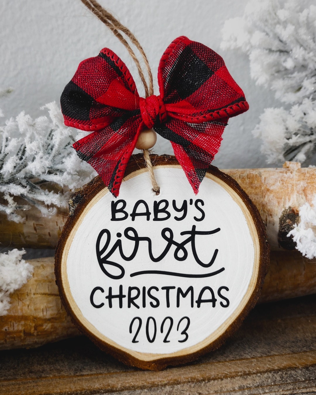 Baby's First Christmas Ornament 2023 Red and Black Buffalo Plaid Ribbon ...