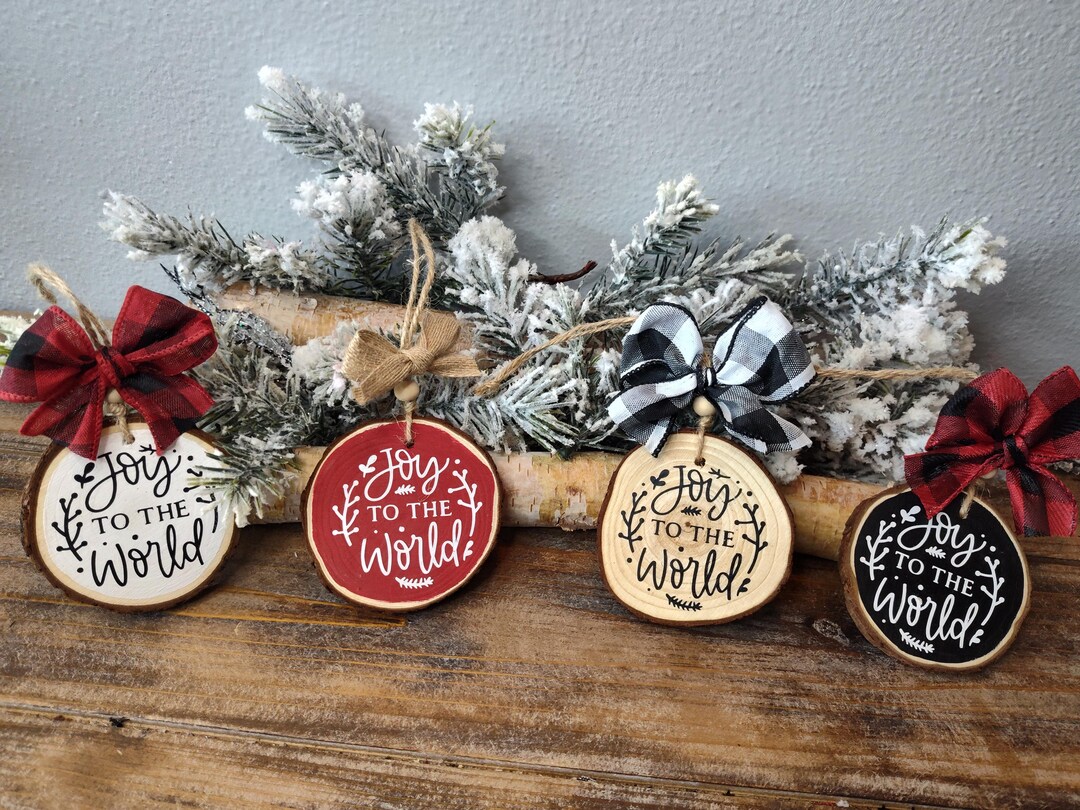 Joy to the World Wood Slice Ornament Holiday Tree Decor Buffalo Plaid ...