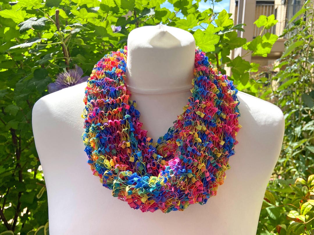 Knitted Ladder Yarn Infinity Scarf, Blue, Pink, Yellow & Green, Women's ...