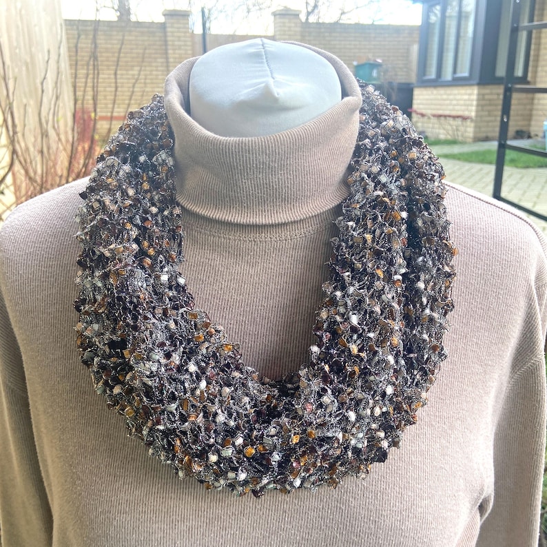 Hand Knitted Infinity Scarf: Brown, Silver, Bronze Trellis Ribbon ...