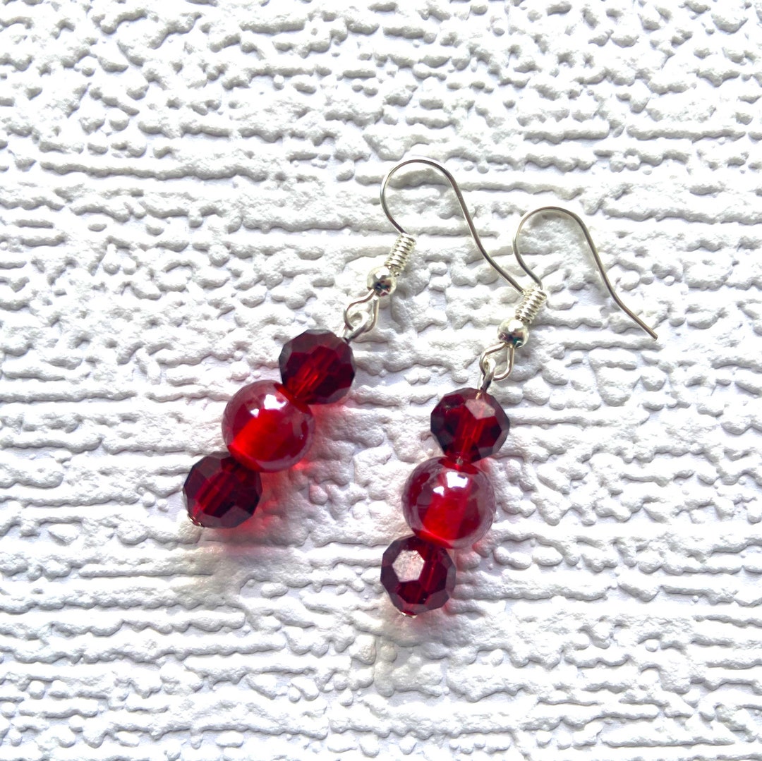 Ruby Red Glass Bead Dangle Earrings, Handmade Drop Earrings in a Gift ...