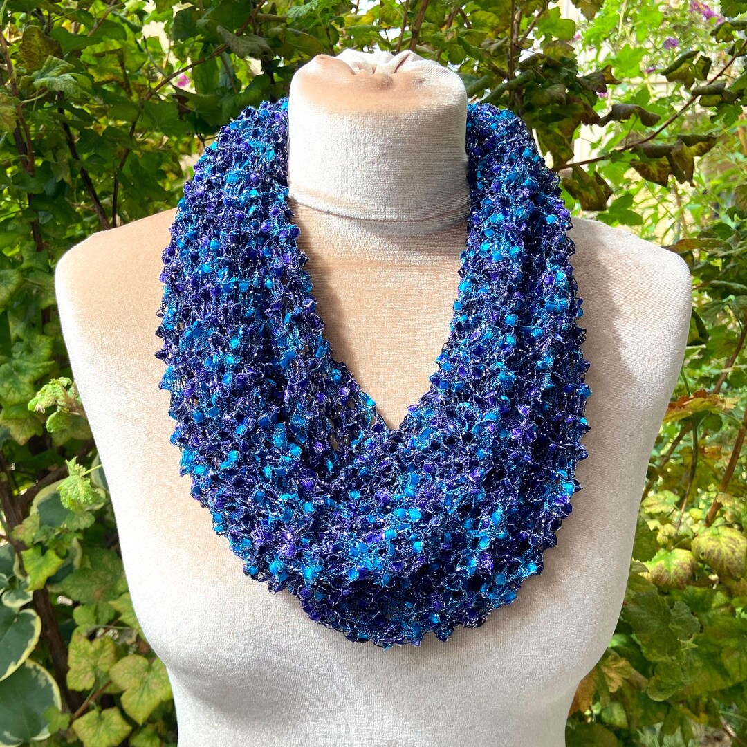 Hand Knitted Ladder Yarn Infinity Scarf: Purple, Navy, Turquoise Blue ...